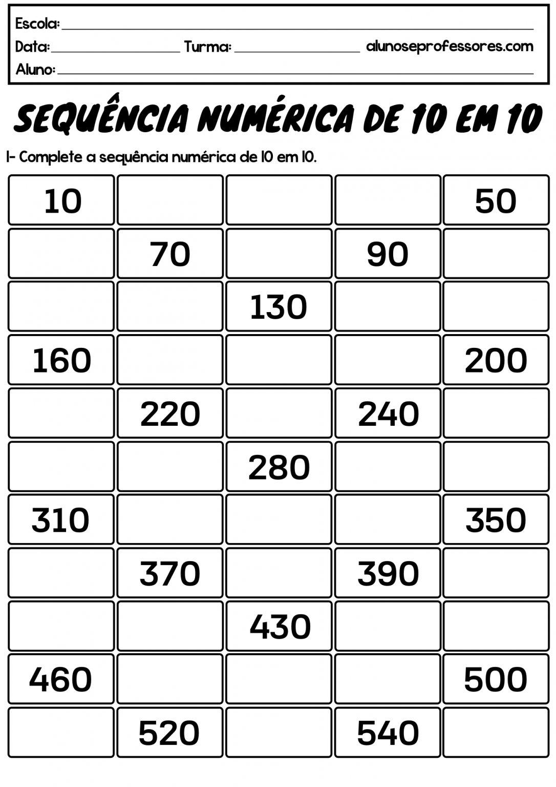 Atividades de Sequência Numérica para imprimir | Alunos e Professores