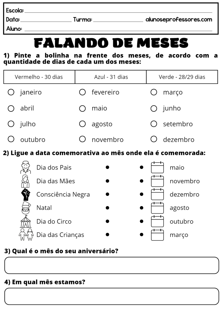 Atividades sobre os Meses do Ano para imprimir | Alunos e Professores