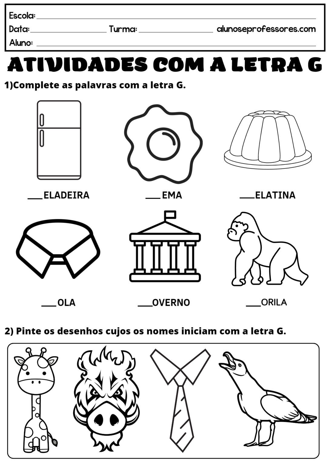 Atividades com a Letra G para imprimir | Alunos e Professores