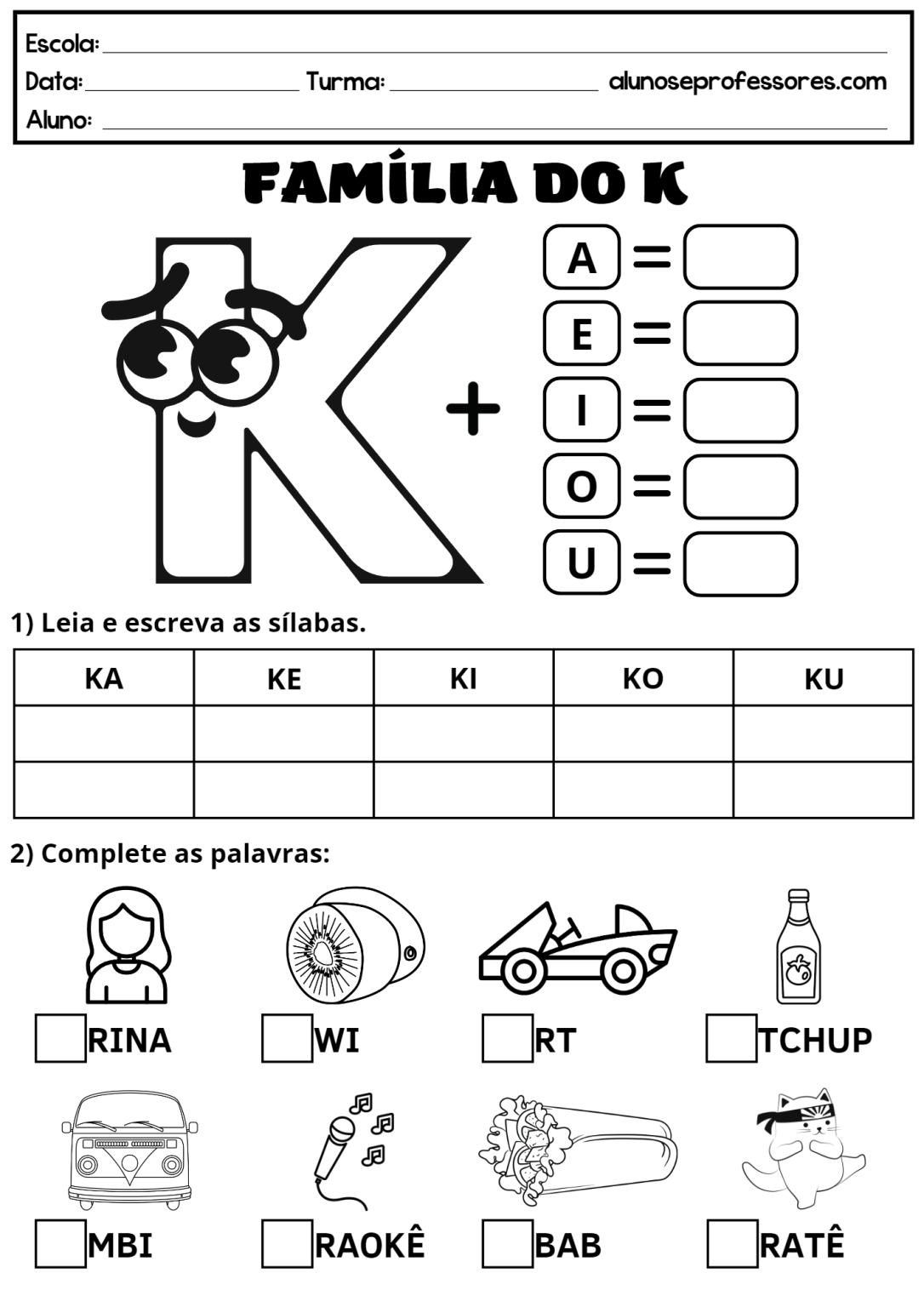 Atividades com a Letra K para imprimir | Alunos e Professores