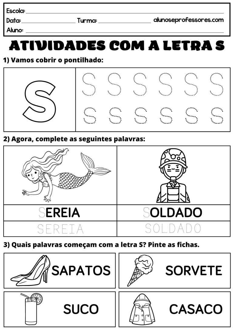 Atividades com a Letra S para imprimir | Alunos e Professores