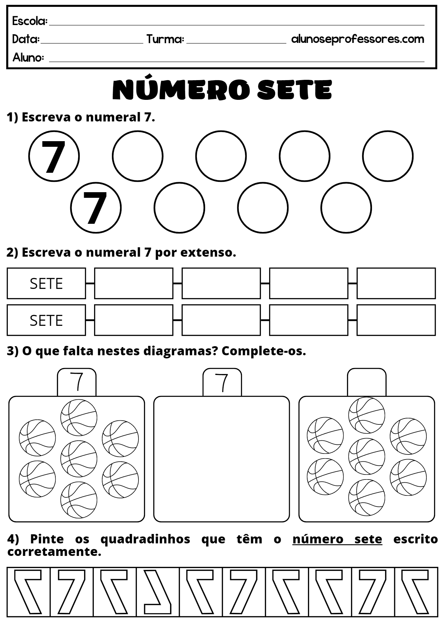 Atividades com o Número 7 para imprimir | Alunos e Professores
