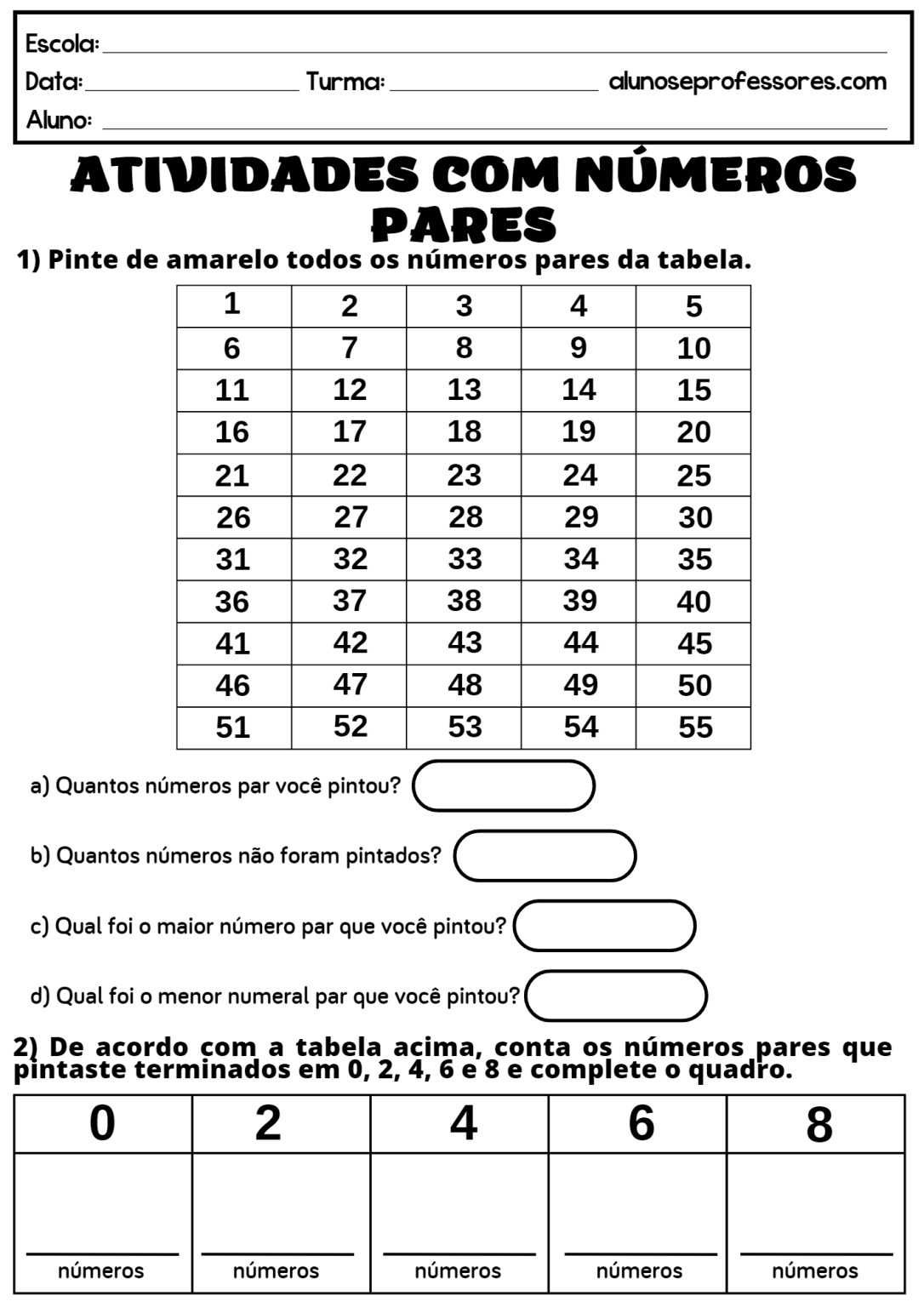 Atividades sobre Números Pares e Ímpares | Alunos e Professores