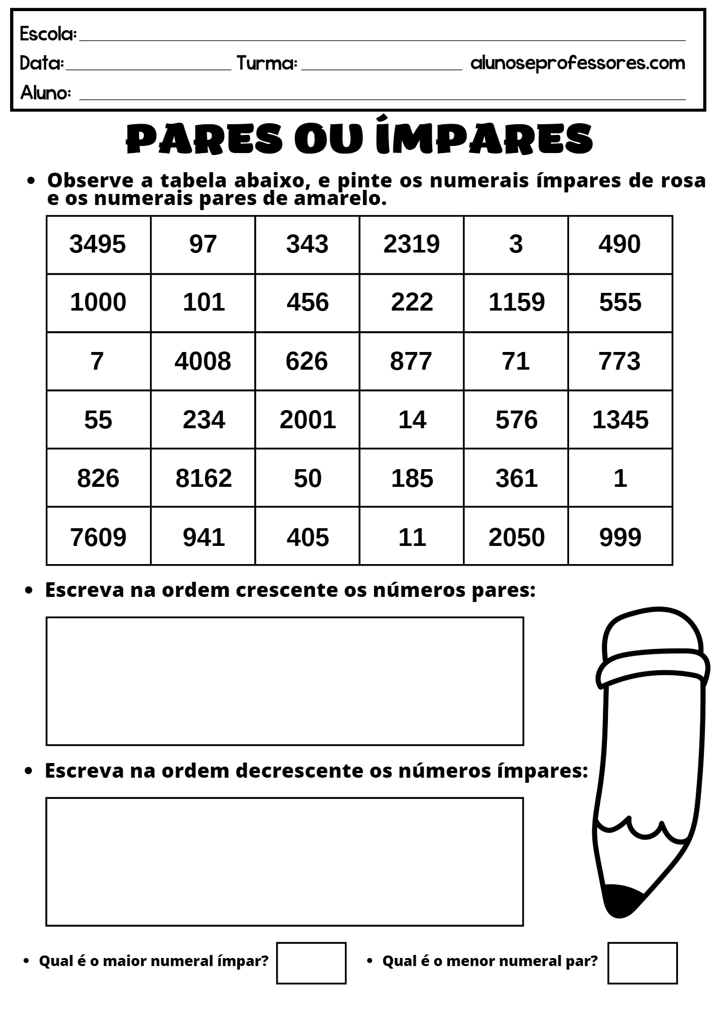 Atividades sobre Números Pares e Ímpares | Alunos e Professores