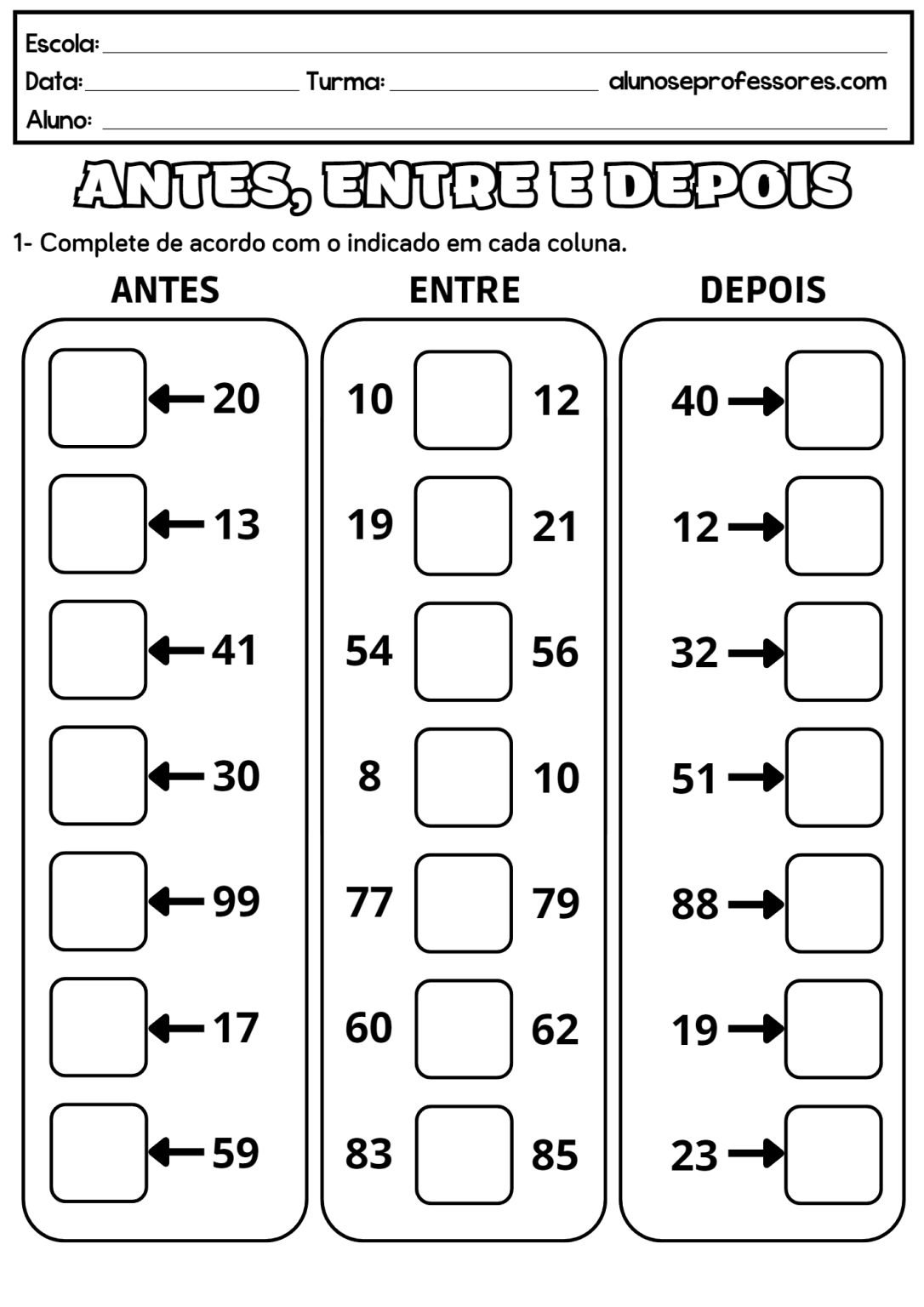 Atividades sobre Antecessor e Sucessor para imprimir | Alunos e Professores