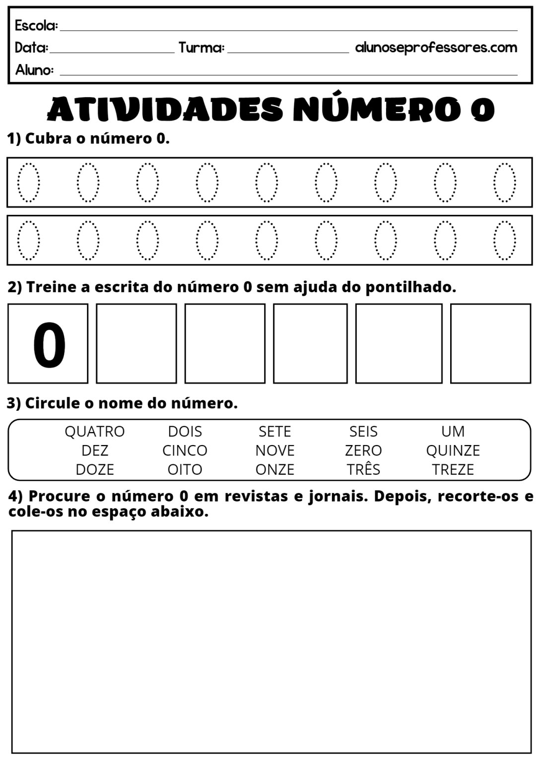 Atividades com o Número 0 para imprimir | Alunos e Professores