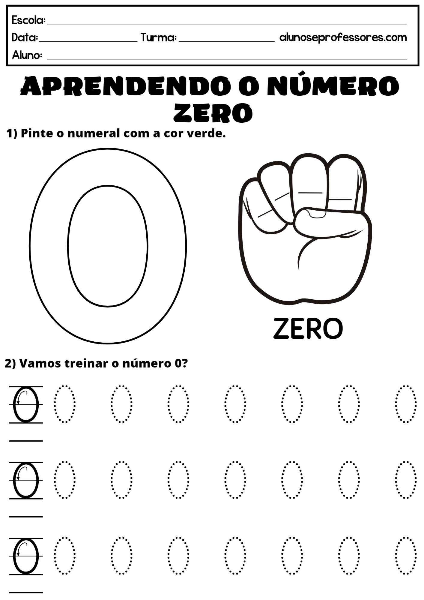 Atividades com o Número 0 para imprimir | Alunos e Professores