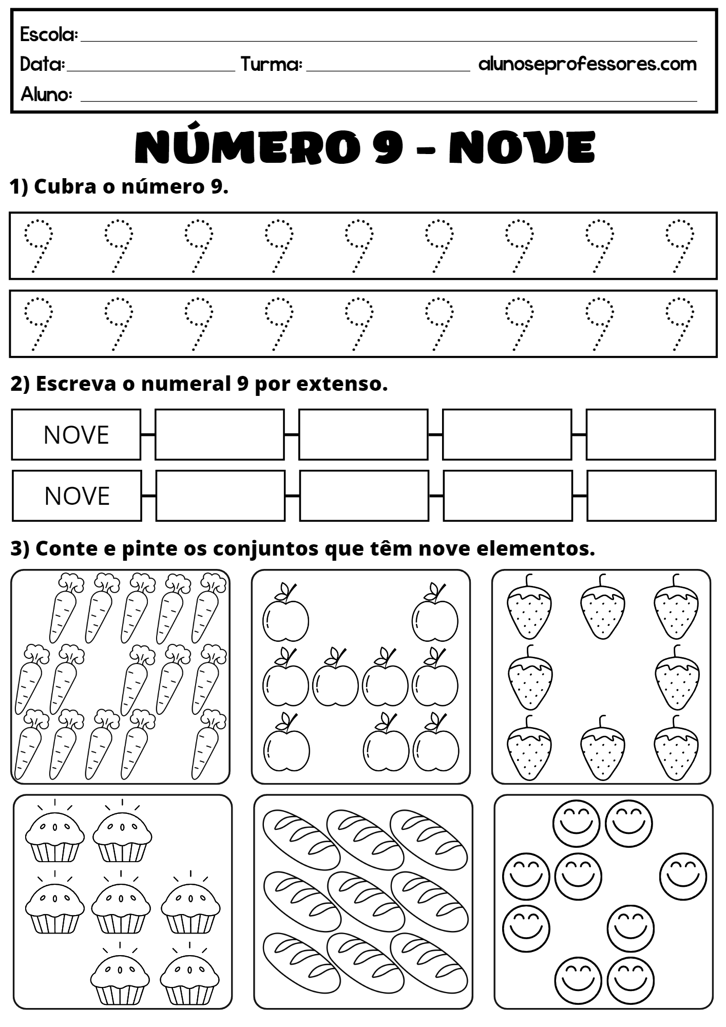 Atividades com o Número 9 para imprimir | Alunos e Professores