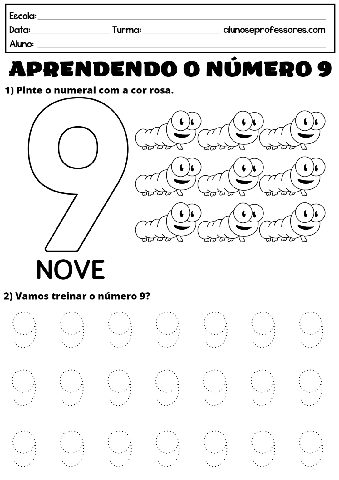 Atividades com o Número 9 para imprimir | Alunos e Professores