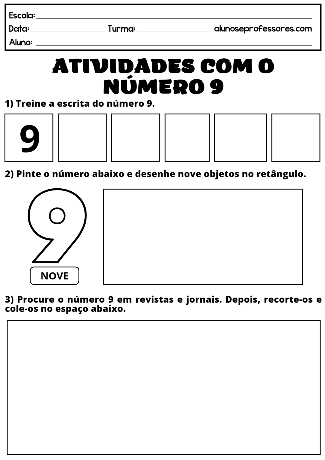 Atividades com o Número 9 para imprimir | Alunos e Professores