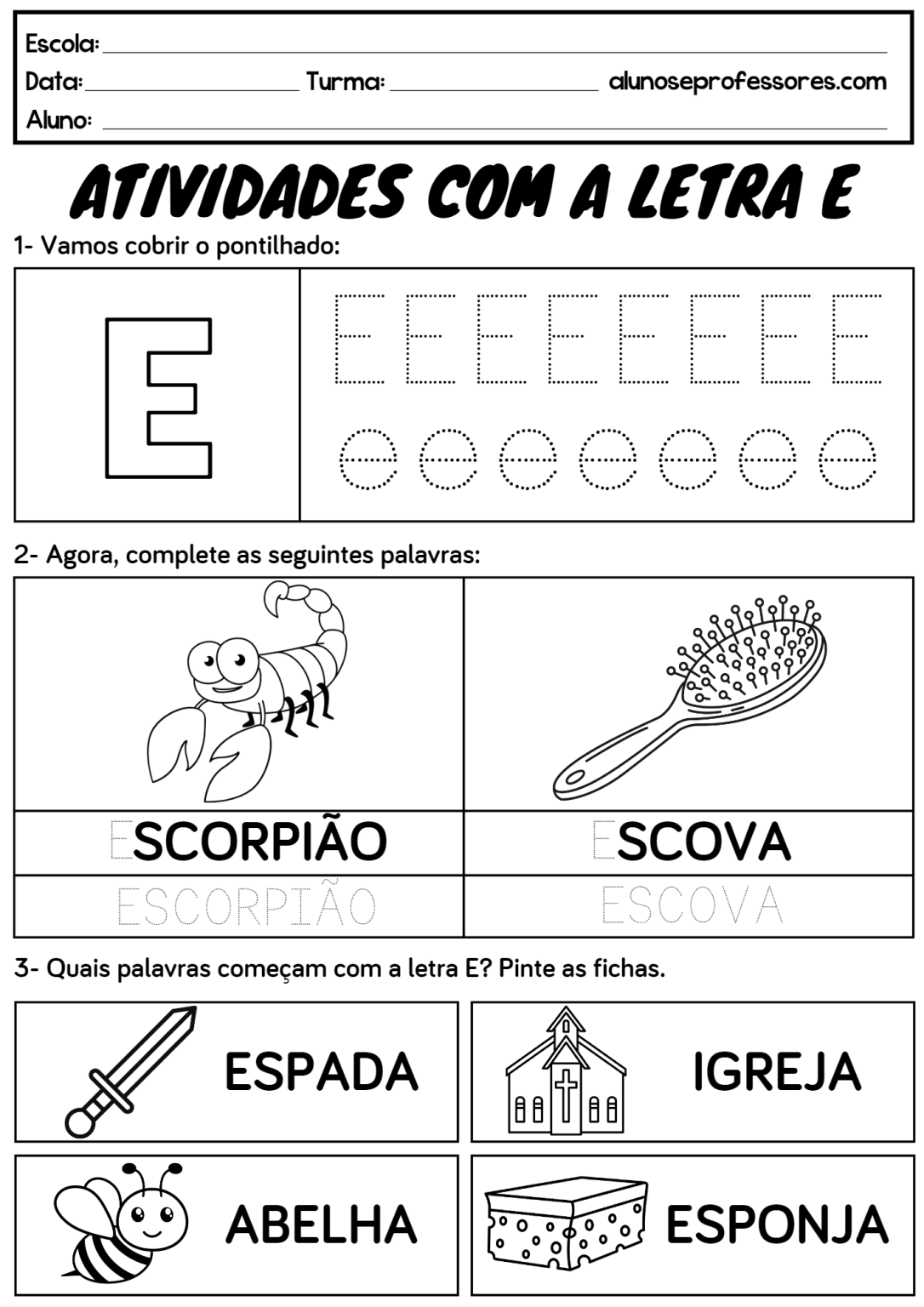 Atividades com a Letra E para imprimir | Alunos e Professores