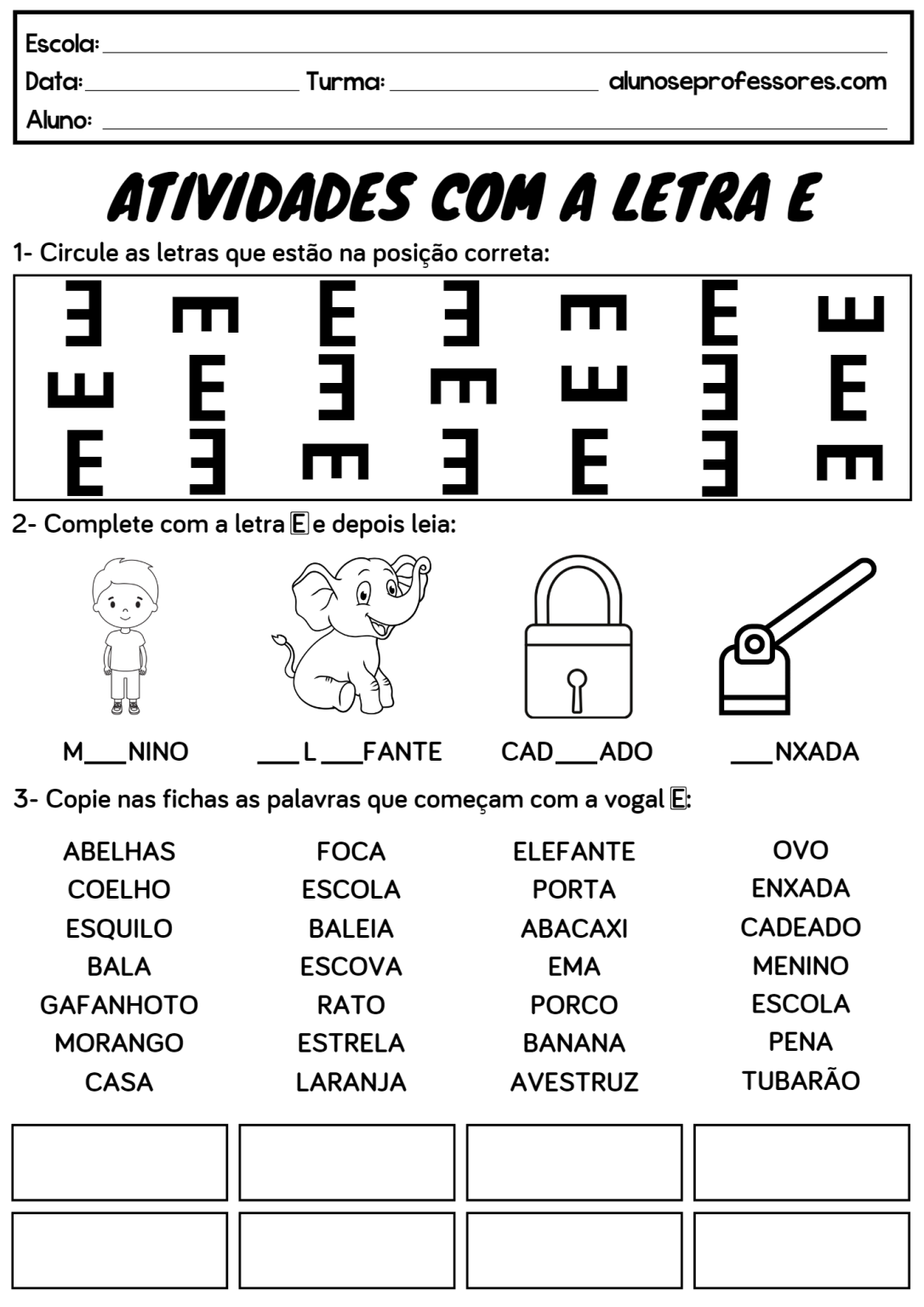 Atividades com a Letra E para imprimir | Alunos e Professores