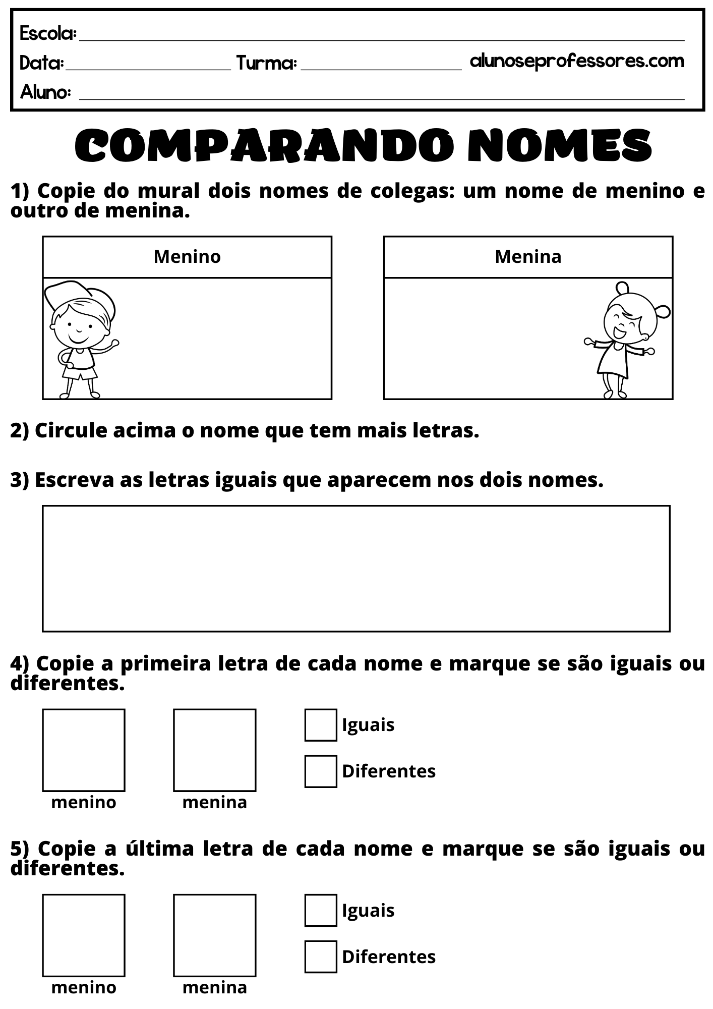 Atividades com o Nome para imprimir | Alunos e Professores