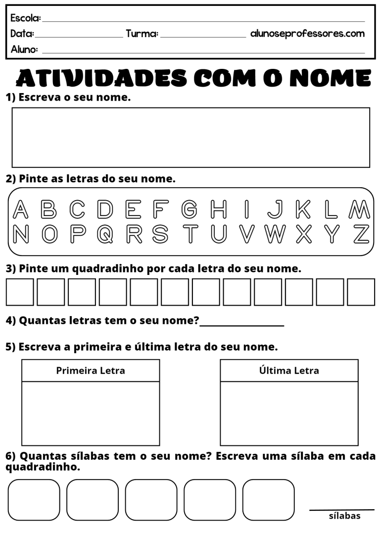 Atividades com o Nome para imprimir | Alunos e Professores