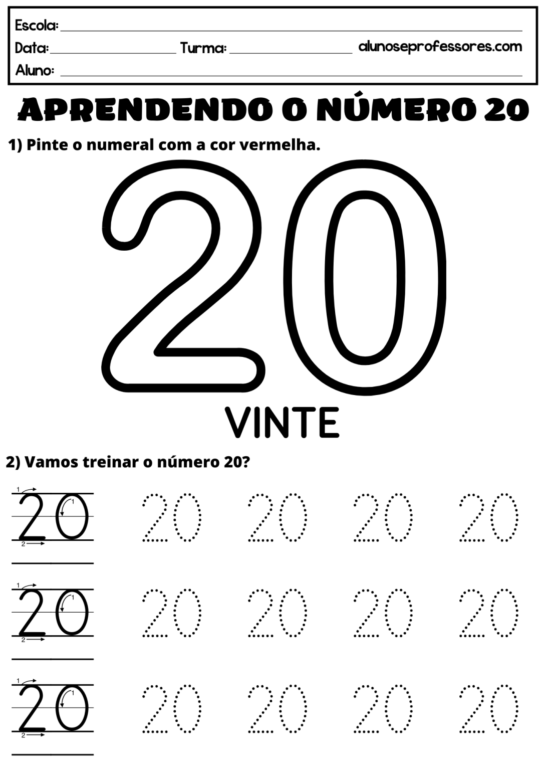 Atividades com o Número 20 para imprimir | Alunos e Professores