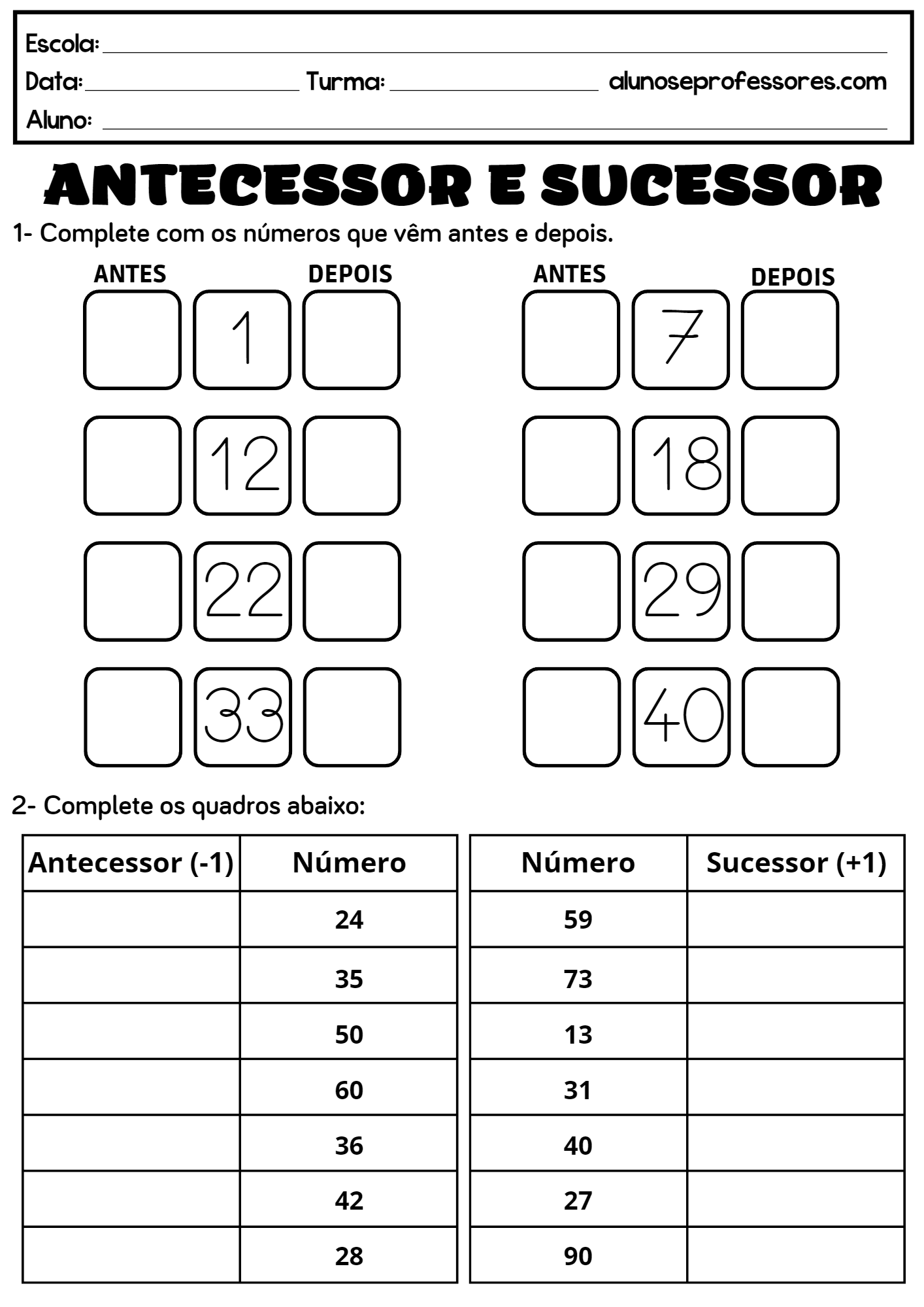 Atividades sobre Antecessor e Sucessor para imprimir | Alunos e Professores