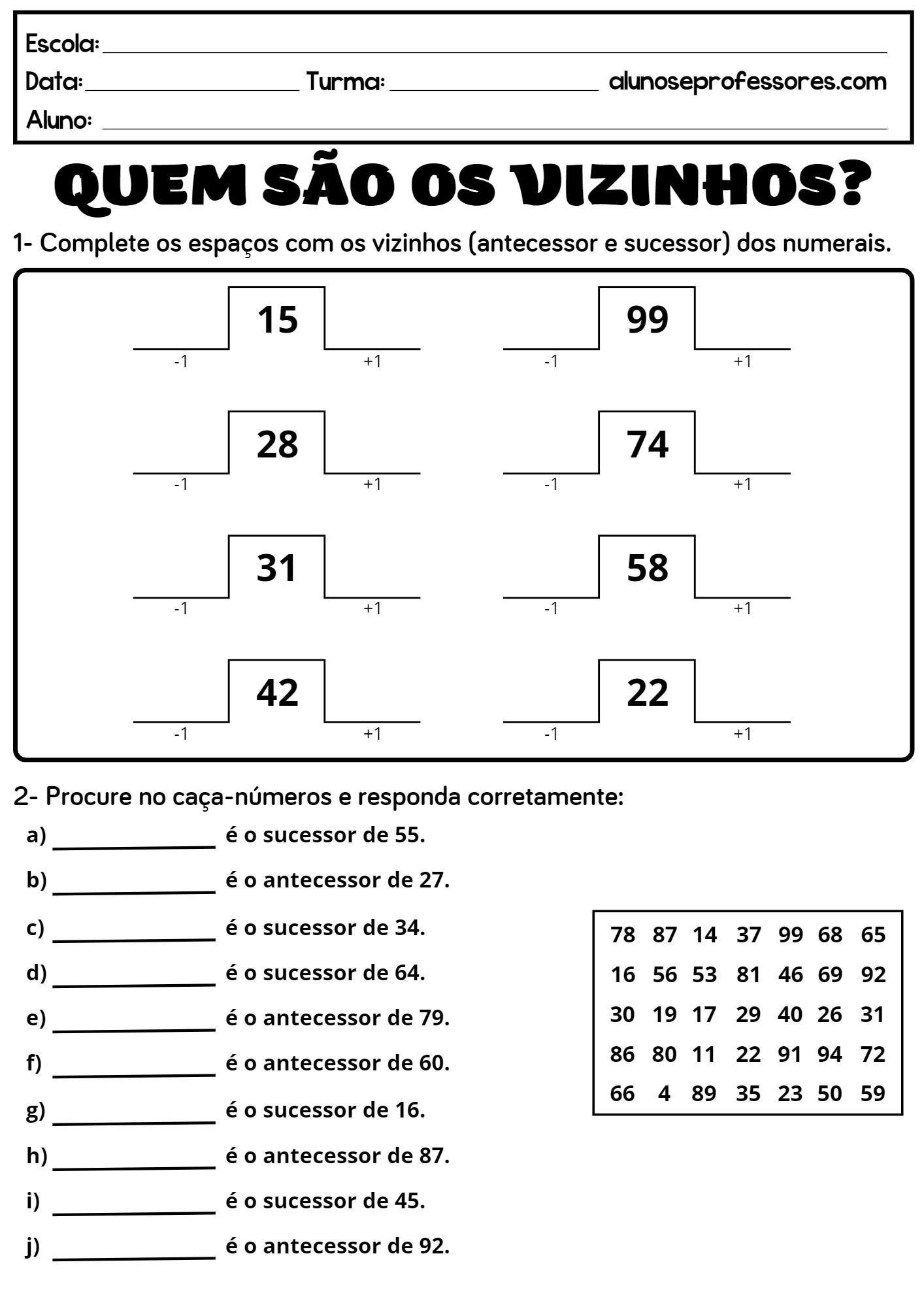 Atividades sobre Antecessor e Sucessor para imprimir | Alunos e Professores