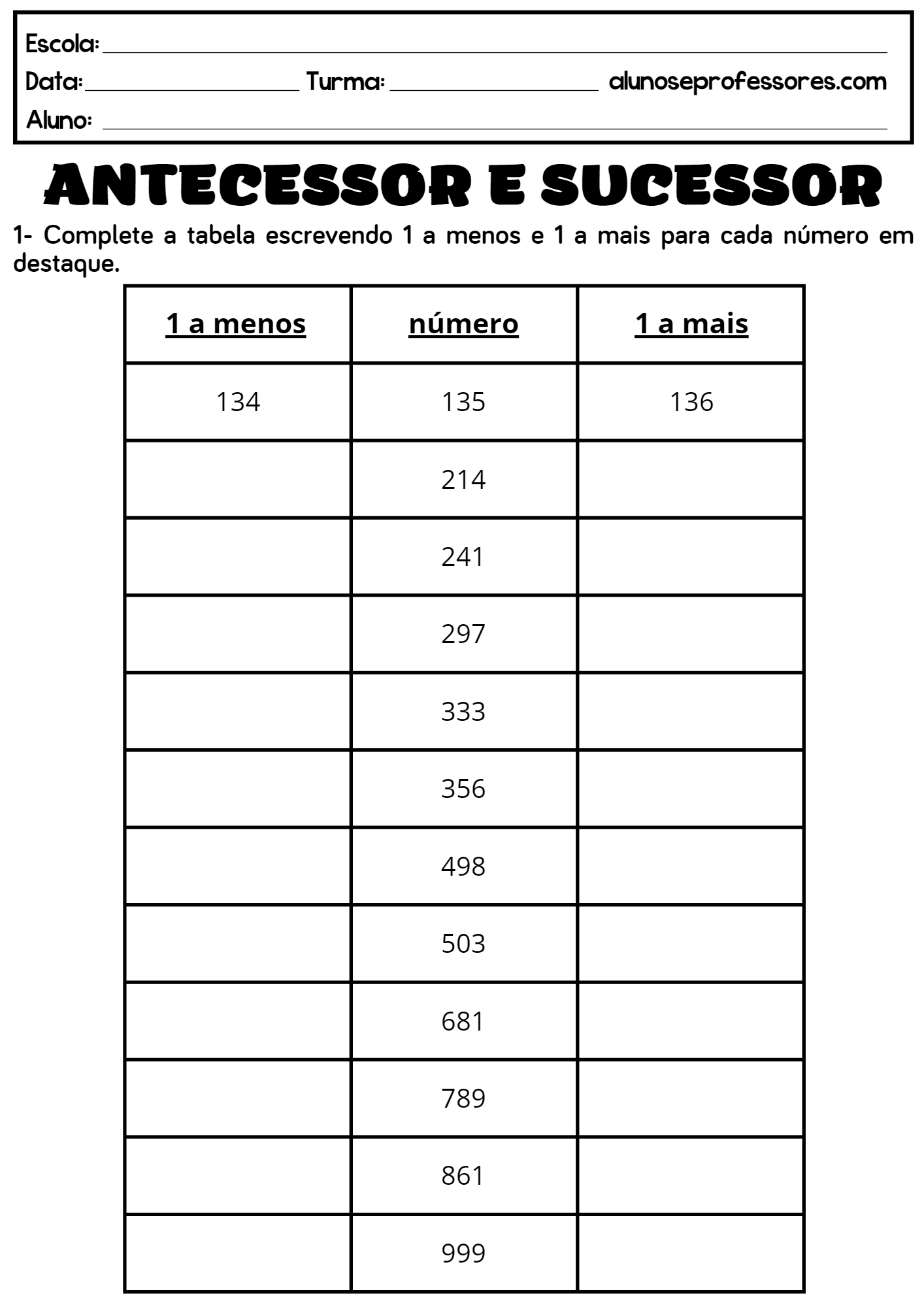 Atividades sobre Antecessor e Sucessor para imprimir | Alunos e Professores