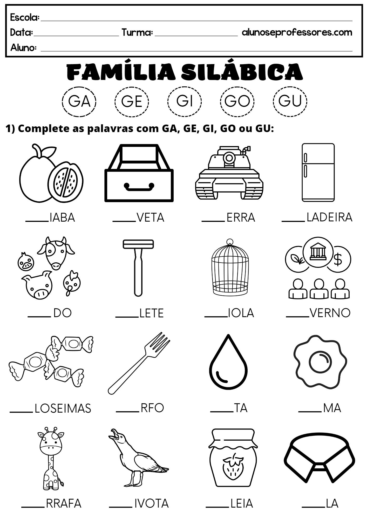 Atividades com a Família Silábica do G para imprimir | Alunos e Professores