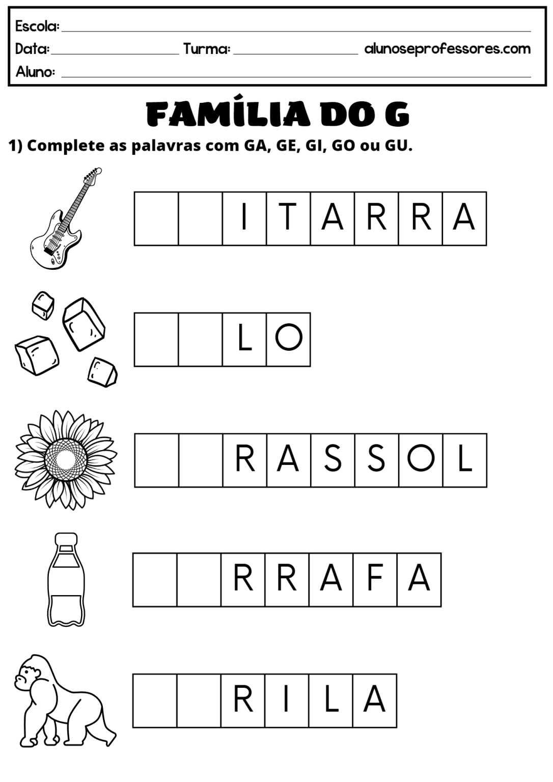Atividades com a Família Silábica do G para imprimir | Alunos e Professores