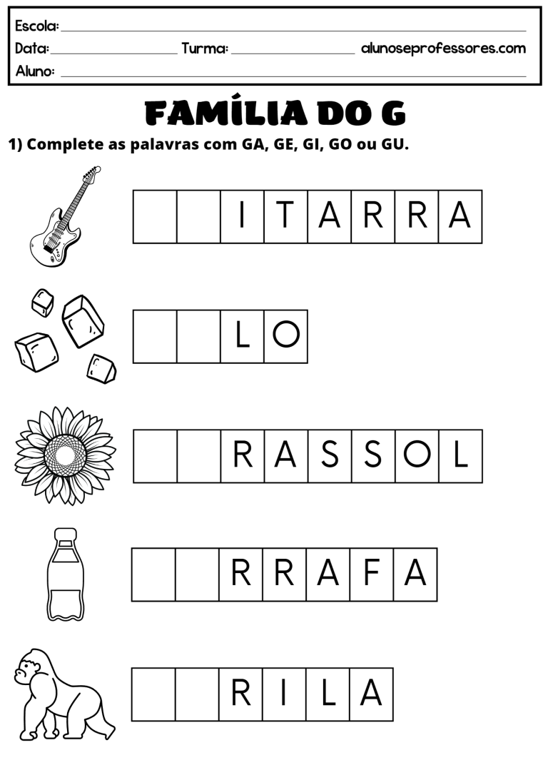 Atividades com a Família Silábica do G para imprimir | Alunos e Professores