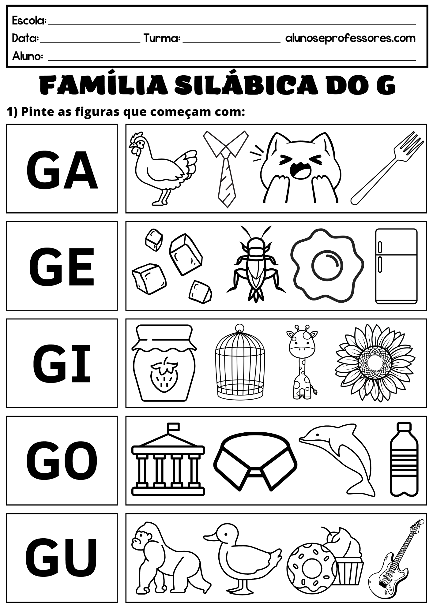 Atividades com a Família Silábica do G para imprimir | Alunos e Professores
