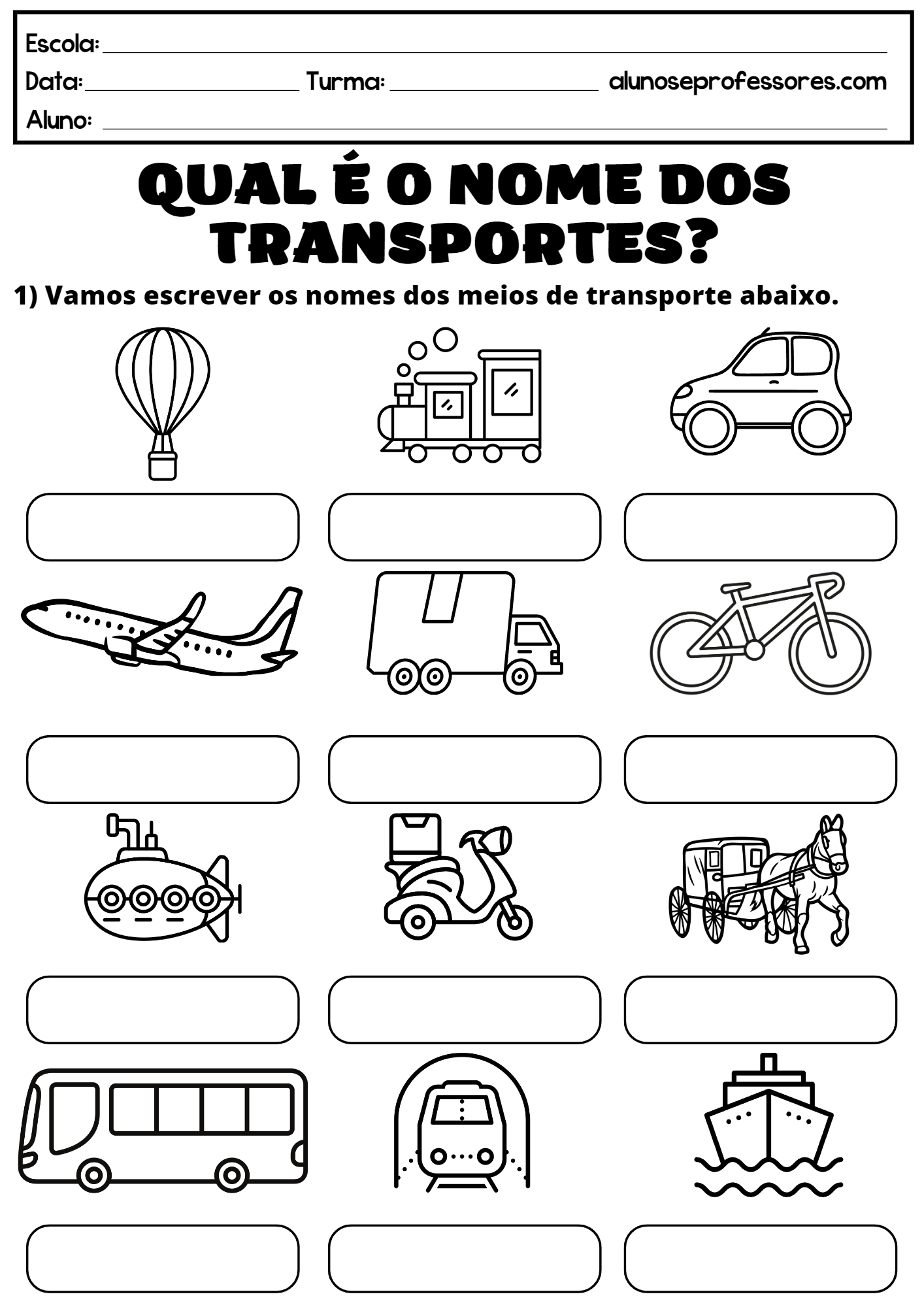 Atividades sobre Meios de Transporte para imprimir | Alunos e Professores