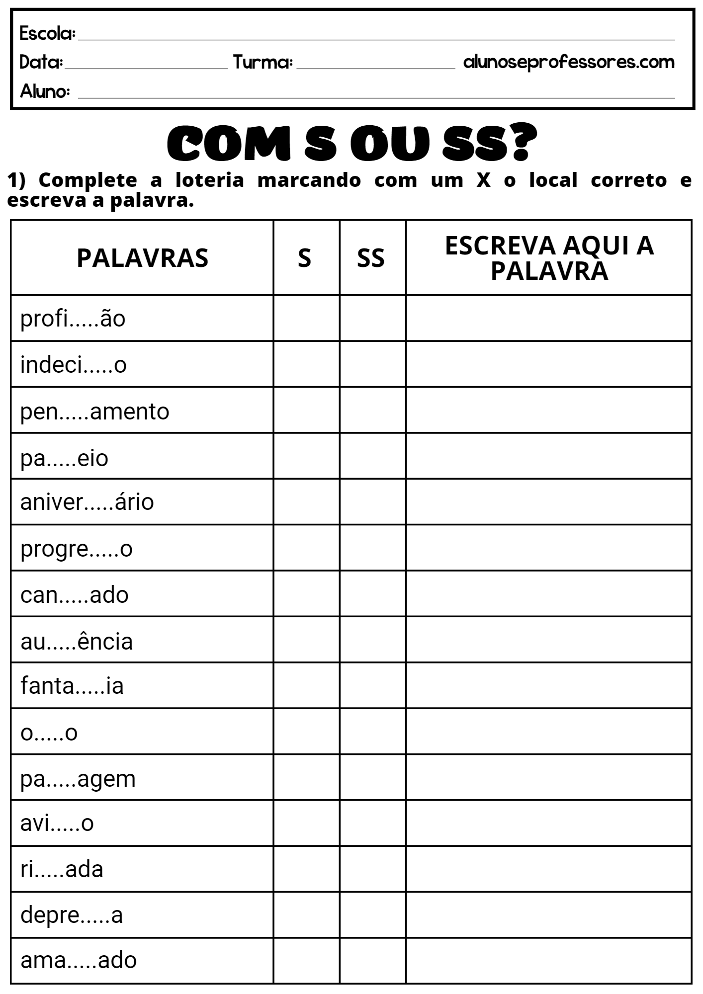 Atividades com S e SS para imprimir | Alunos e Professores