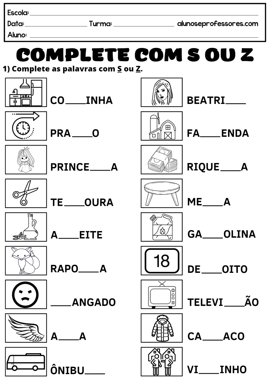 Atividades com S e Z para imprimir | Alunos e Professores