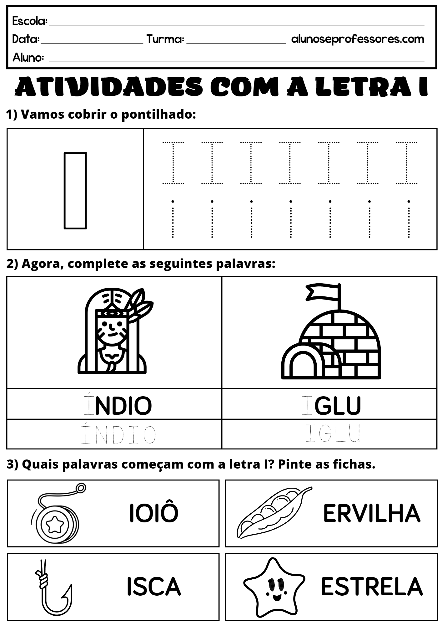 Atividades com a Letra I para imprimir | Alunos e Professores