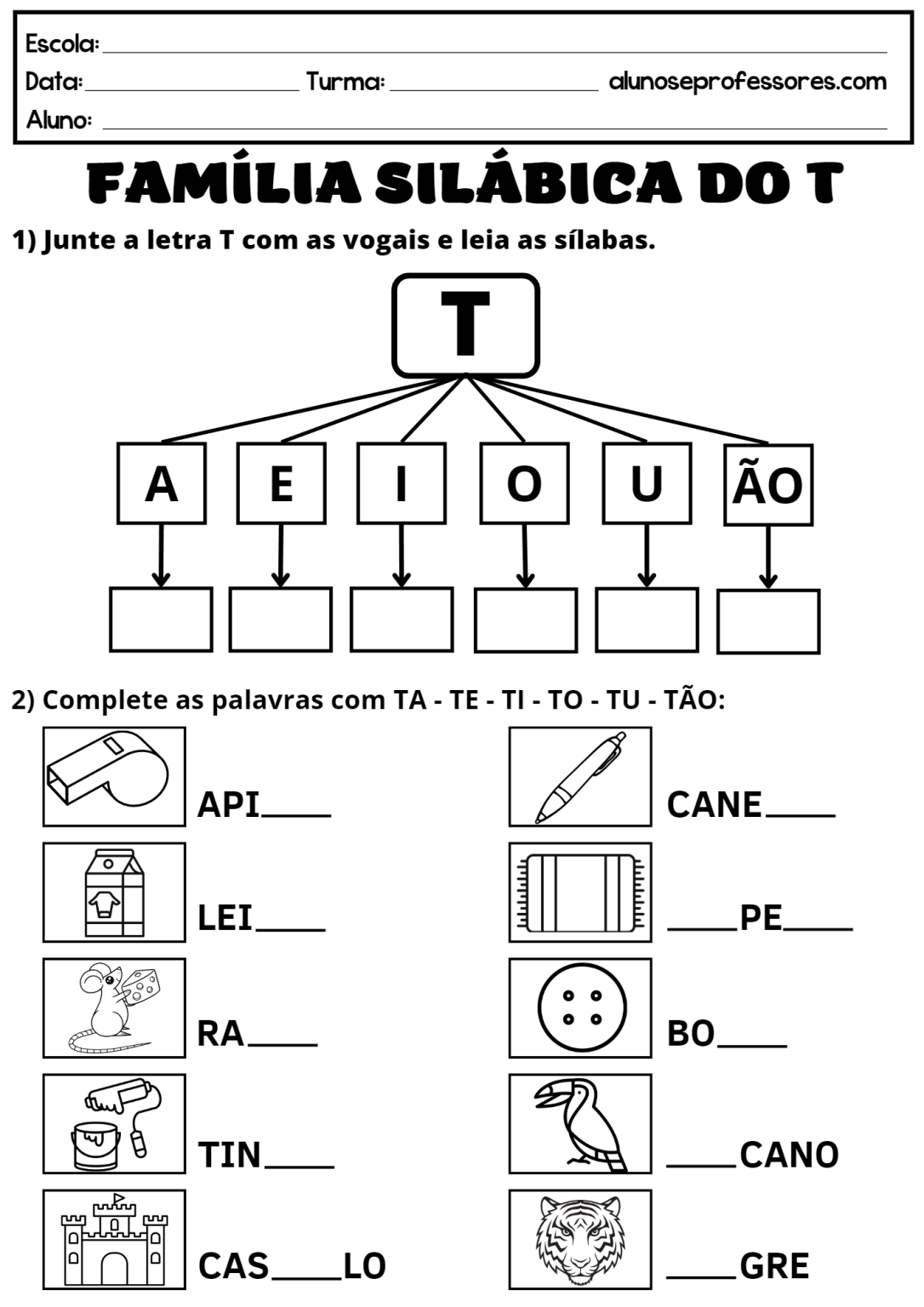 Atividades com a Letra T para imprimir | Alunos e Professores