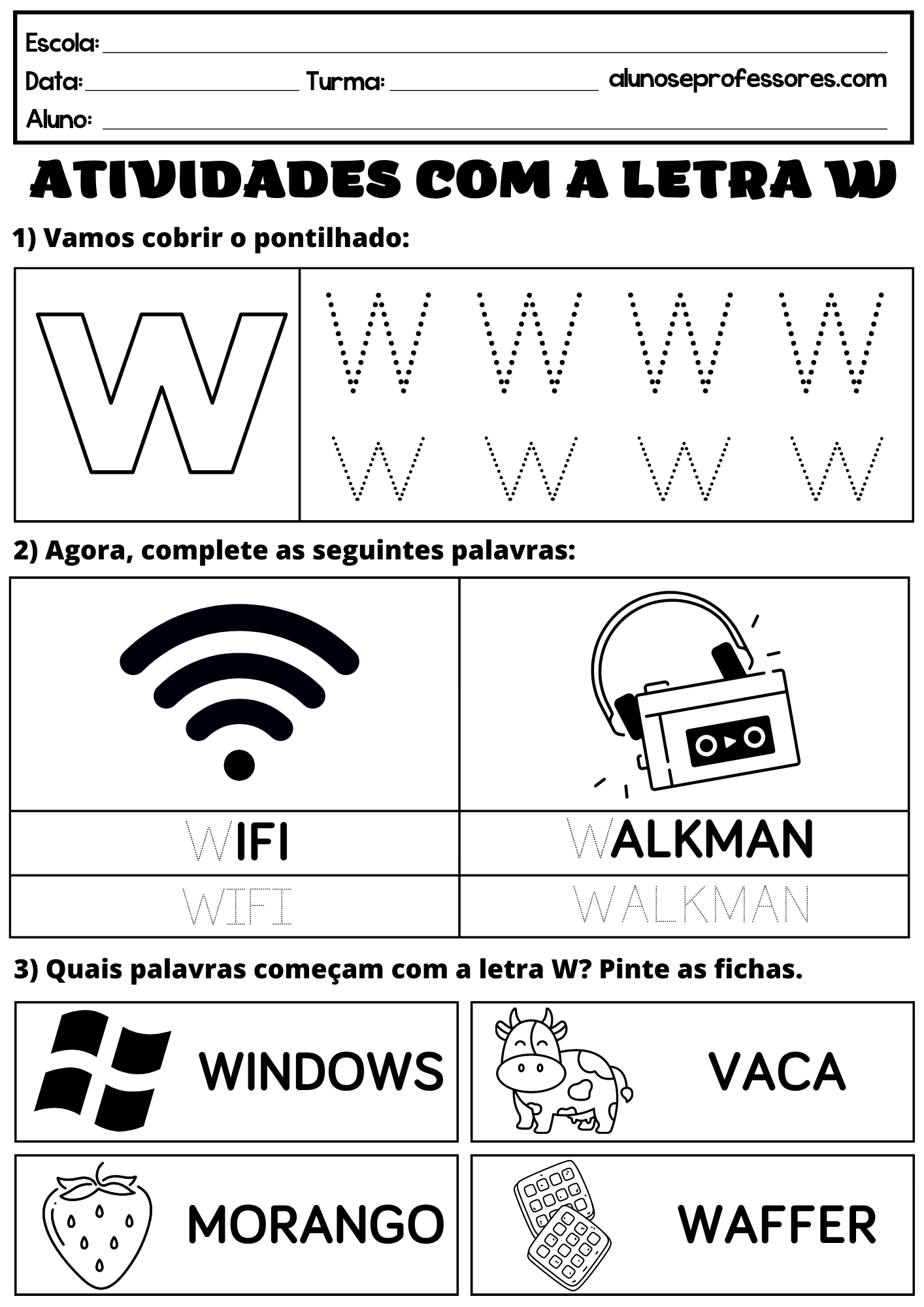 Atividades com a Letra W para imprimir | Alunos e Professores