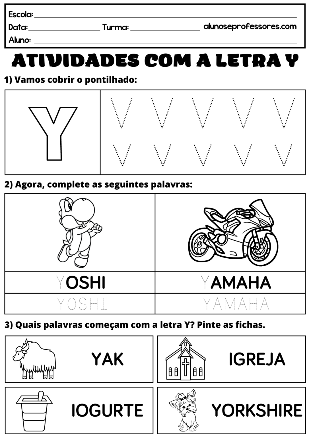 Atividades com a Letra Y para imprimir | Alunos e Professores